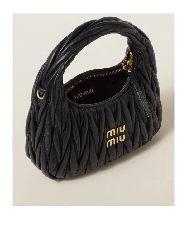 Miu Miu Wander Matelassé Logo Plaque Mini Hobo Bag - Black
