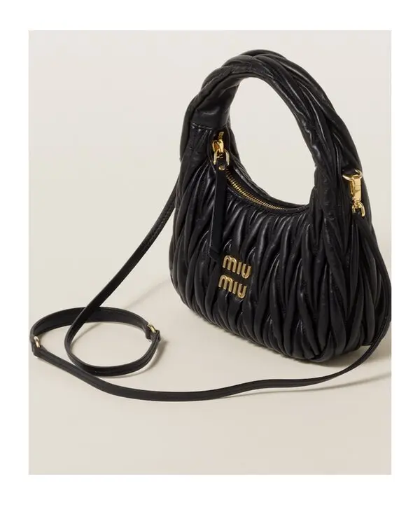 Miu Miu Wander Matelassé Logo Plaque Mini Hobo Bag - Black