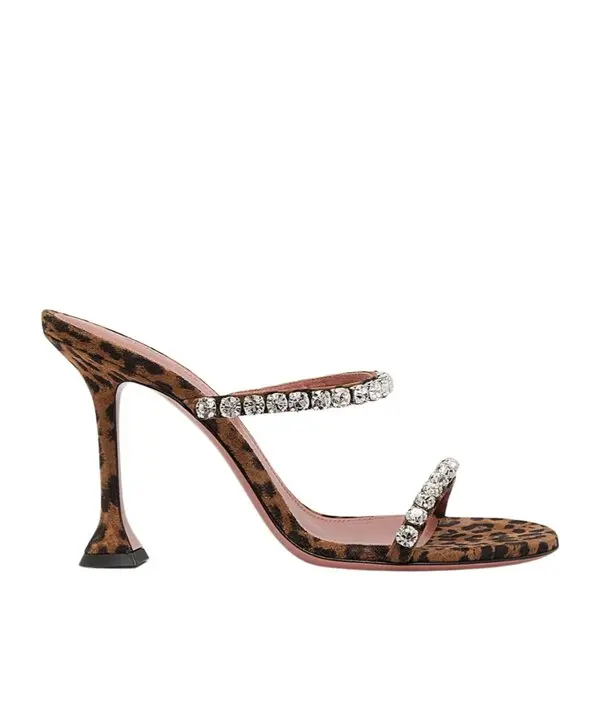 Amina Muaddi Leopard Print Embellished Stiletto Sandals