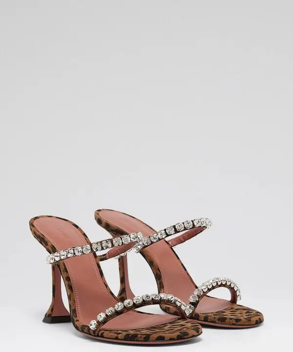 Amina Muaddi Leopard Print Embellished Stiletto Sandals