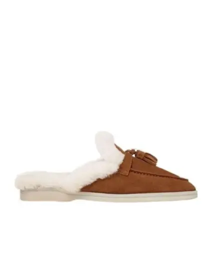 SCAROSSO Lucrezia Shearling Slip-on Mules With Tassel Detail - Cinnamon