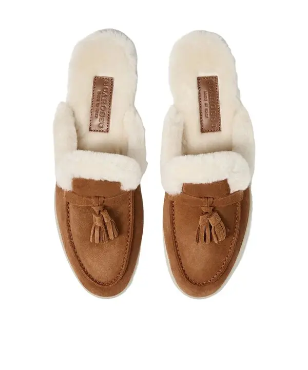 SCAROSSO Lucrezia Shearling Slip-on Mules With Tassel Detail - Cinnamon
