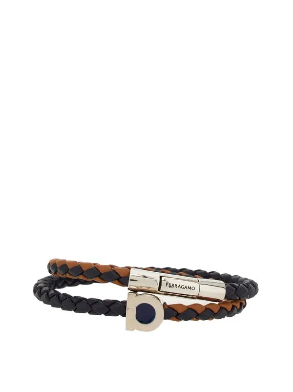 FERRAGAMO Gancini Double-wrap Bracelet - Silver/navy/leather