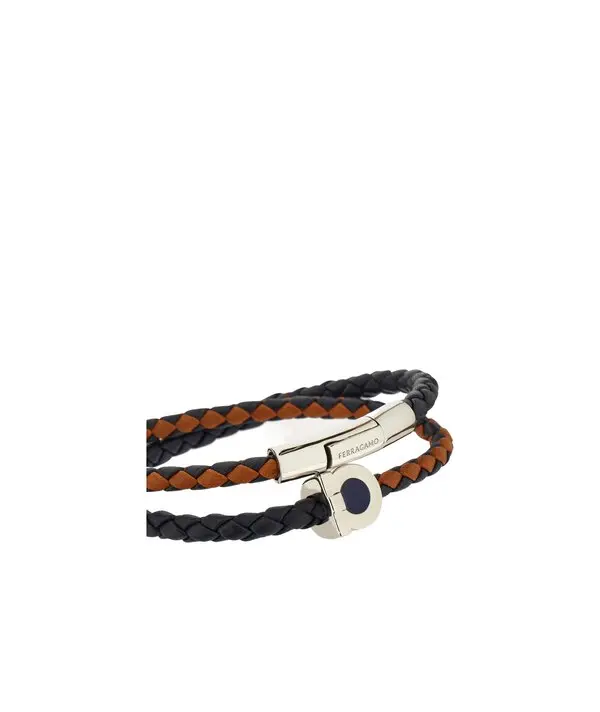 FERRAGAMO Gancini Braided Double-wrap Bracelet - Silver/navy/leather