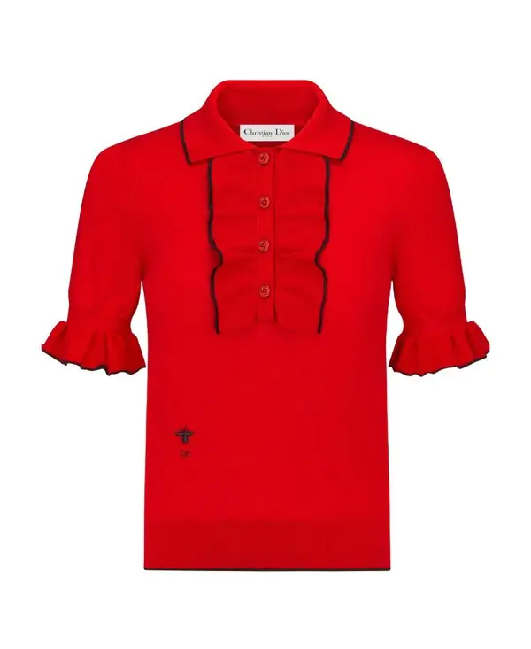 Dior Short-sleeved Knit Sweater With Ruffles And Bee Embroidery