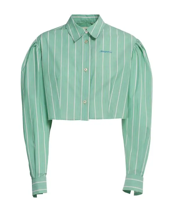 Marni Striped Cropped Shirt With Lapel And Embroidered Logo - Green