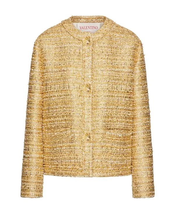 Valentino Garavani Tweed Sequined Jacket With Rivet Buttons - Metallic