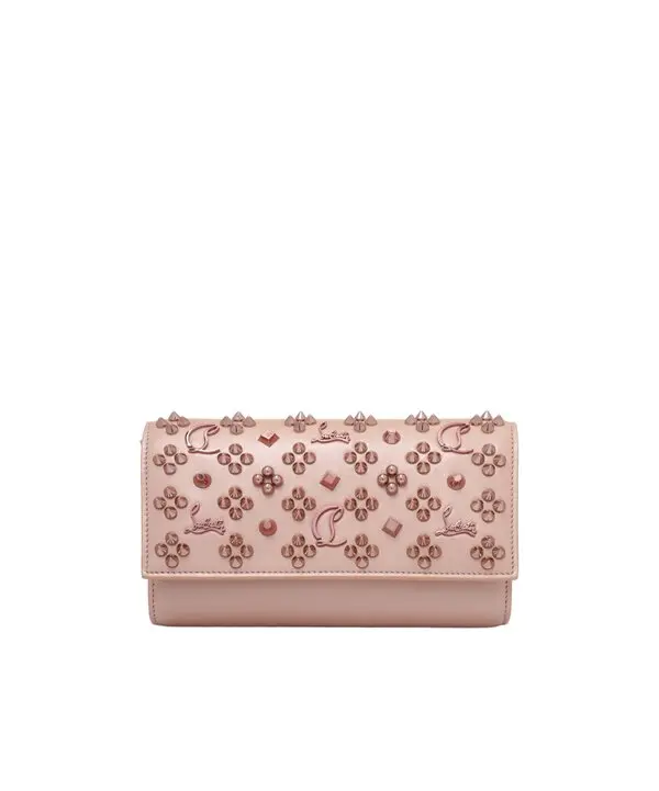 CHRISTIAN LOUBOUTIN Studded Leather Wallet With Chain Strap - Nude