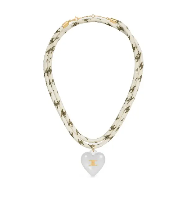 Celine Triomphe Heart Necklace In Resin And Brass With Gold Finish - Ivory/khaki/gold