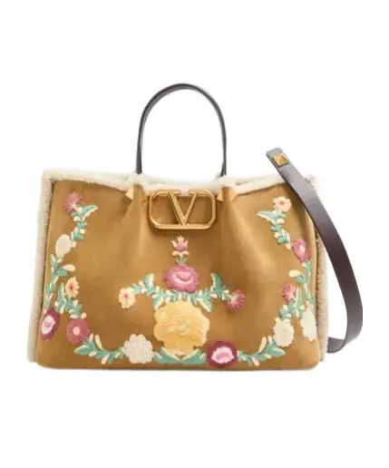 Valentino Garavani Medium Vlogo-signature Floral-embroidered Suede Tote Bag