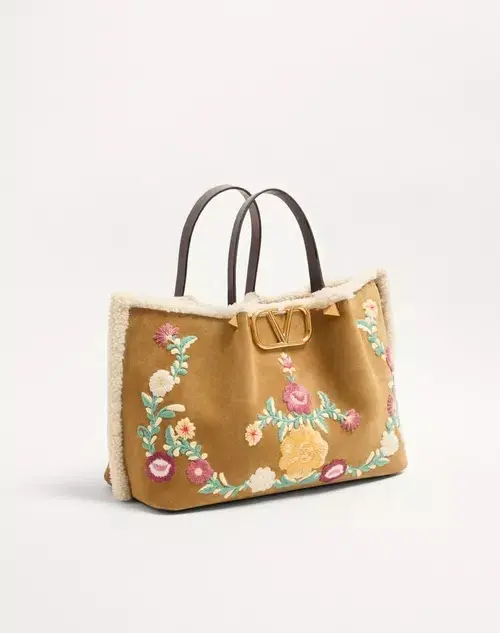 Valentino Garavani Medium Vlogo-signature Floral-embroidered Suede Tote Bag