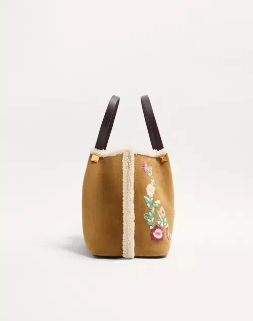 Valentino Garavani Medium Vlogo-signature Floral-embroidered Suede Tote Bag