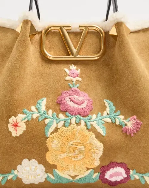 Valentino Garavani Medium Vlogo-signature Floral-embroidered Suede Tote Bag