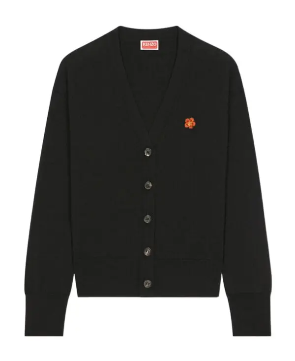 Kenzo V-neck Buttoned Knitted Cardigan With Boke Flower Badge - Black