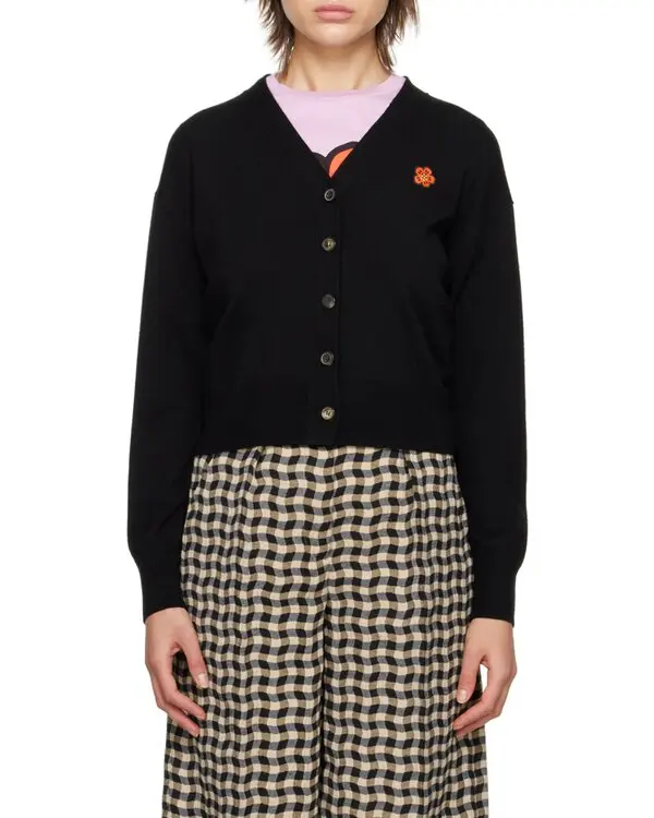 Kenzo V-neck Buttoned Knitted Cardigan With Boke Flower Badge - Black