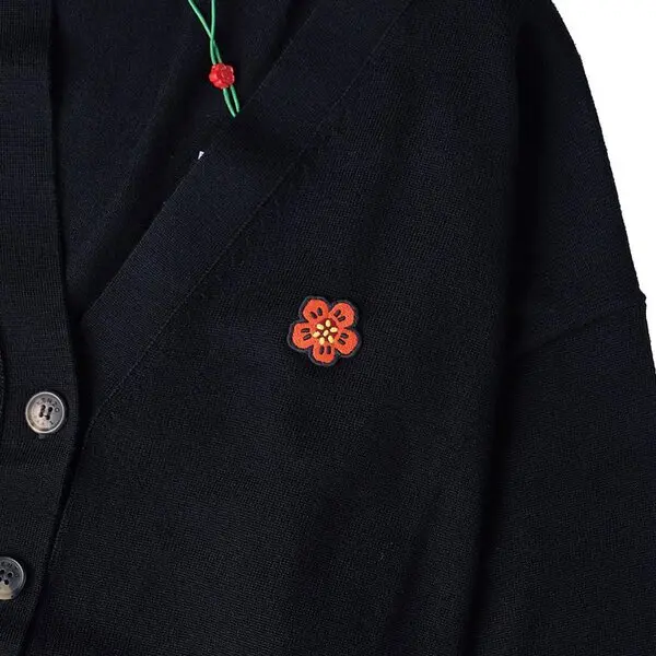 Kenzo V-neck Buttoned Knitted Cardigan With Boke Flower Badge - Black
