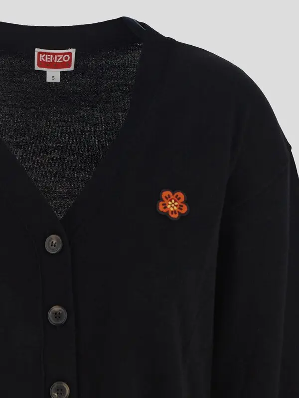 Kenzo V-neck Buttoned Knitted Cardigan With Boke Flower Badge - Black