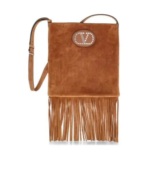 Valentino Garavani Suede Fringe Shoulder Bag With Studded Logo - Brown