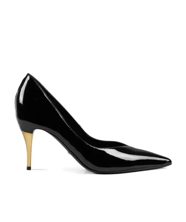 Gucci Patent Leather Pointed Toe Pumps With Metal Effect Heel