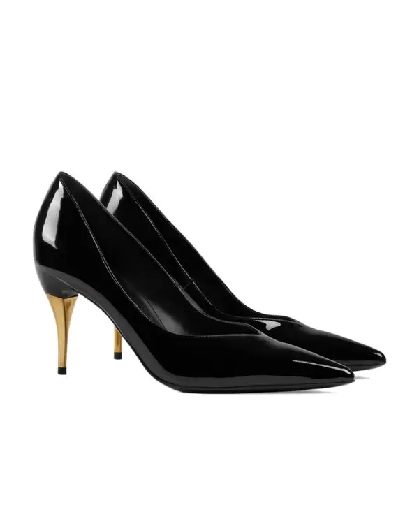 Gucci Patent Leather Pointed Toe Pumps With Metal Effect Heel