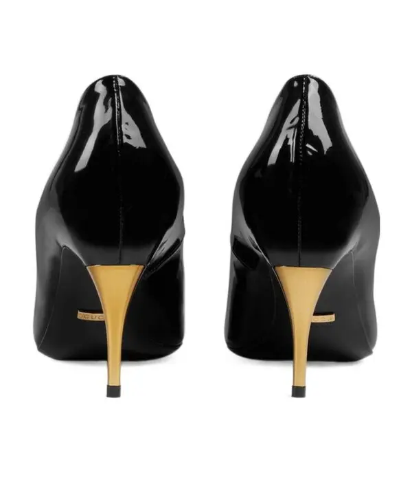 Gucci Patent Leather Pointed Toe Pumps With Metal Effect Heel
