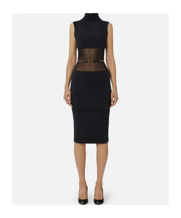Elisabetta Franchi High-neck Sleeveless Knit Dress With Fur-effect Texture And Chain Belt - Black