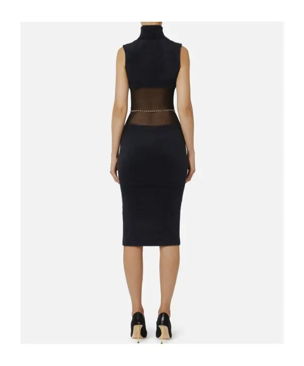 Elisabetta Franchi High-neck Sleeveless Knit Dress With Fur-effect Texture And Chain Belt - Black