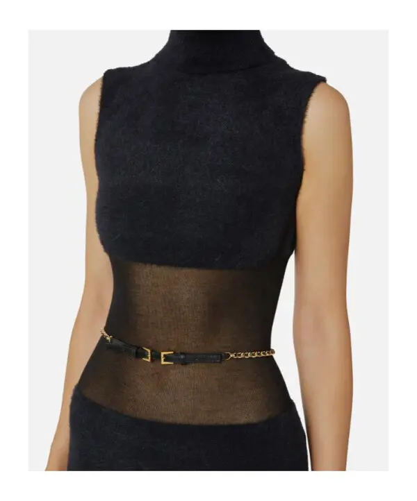 Elisabetta Franchi High-neck Sleeveless Knit Dress With Fur-effect Texture And Chain Belt - Black