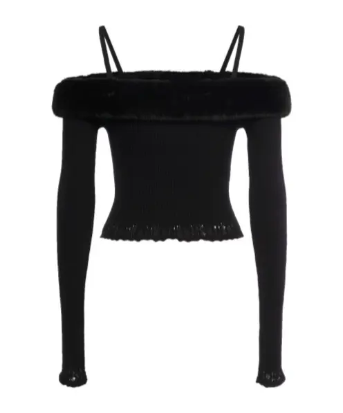 Blumarine Knitted Off-the-shoulder Sweater With Fur Trim - Black