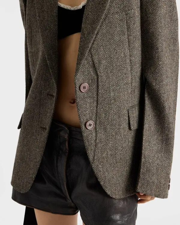 Prada Single-breasted Chevron Jacket With Suede Detailing - Ebony