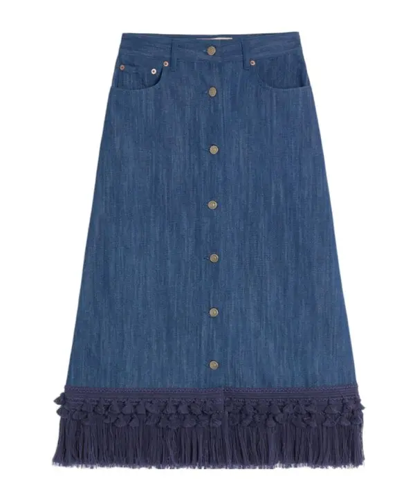 Valentino Garavani Denim Midi Skirt With Fringed Hem