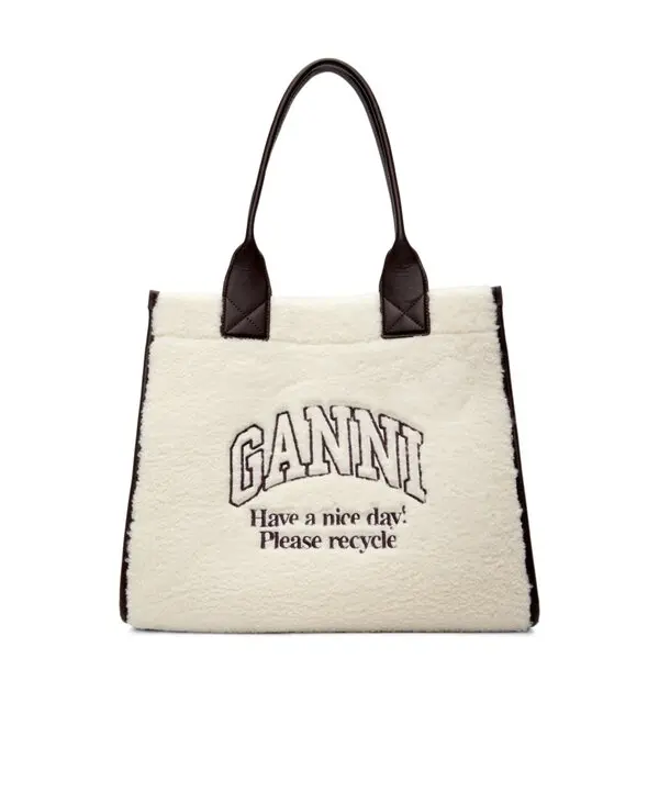GANNI Embroidered Logo Oversized Handbag - Egret Color