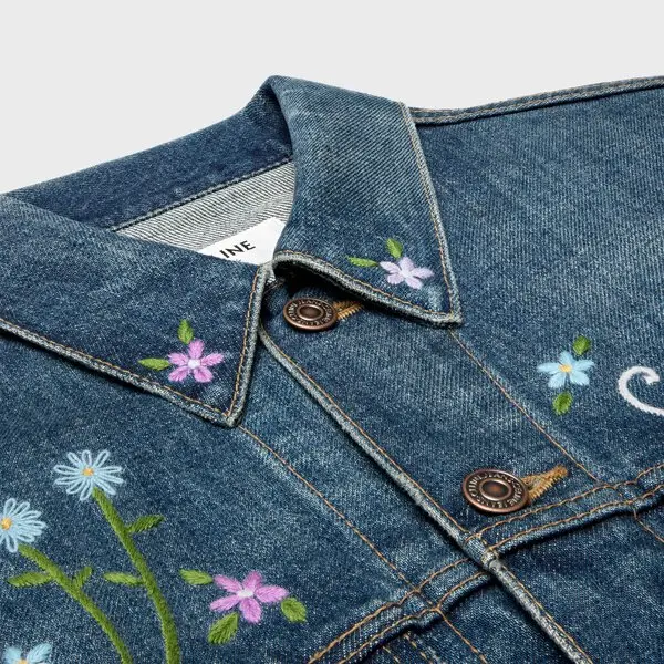 Celine Long Sleeve Embroidered Denim Jacket - Blue