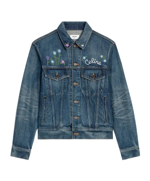 Celine Long Sleeve Embroidered Denim Jacket - Blue