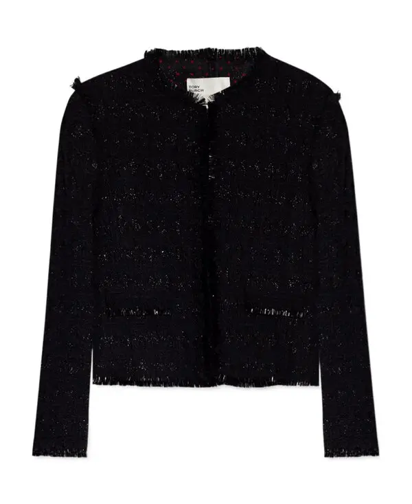 Tory Burch Tweed Roundneck Jacket With Tassel And Tulle Trim