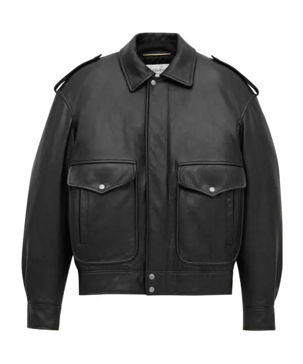 Saint Laurent Oversized Button Detailed Leather Jacket - Black