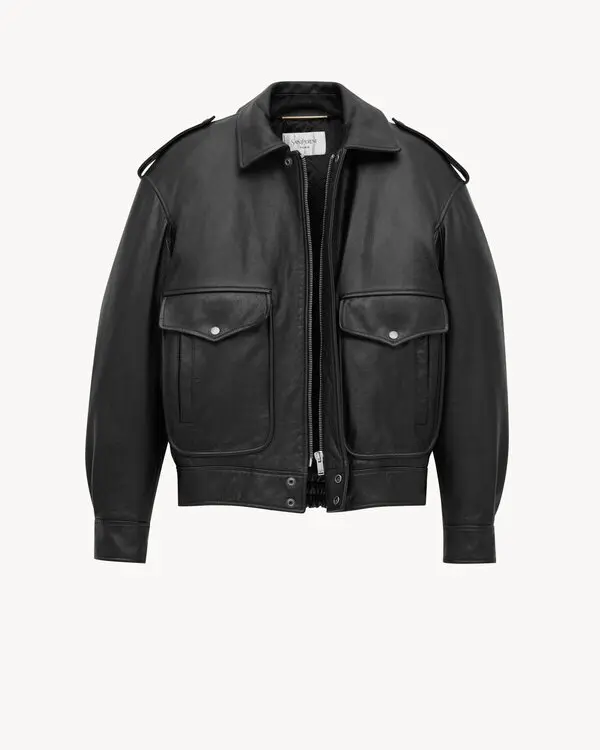 Saint Laurent Oversized Button Detailed Leather Jacket - Black