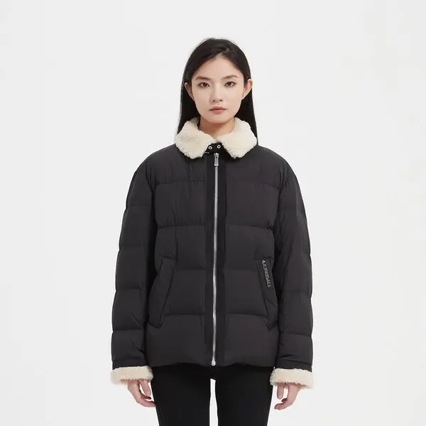 LIUREGALI Long Sleeve Puffer Jacket With Shearling Trim