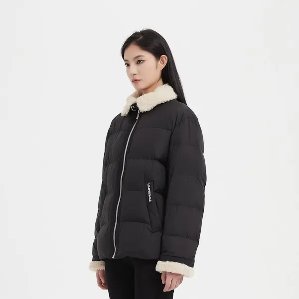 LIUREGALI Long Sleeve Puffer Jacket With Shearling Trim