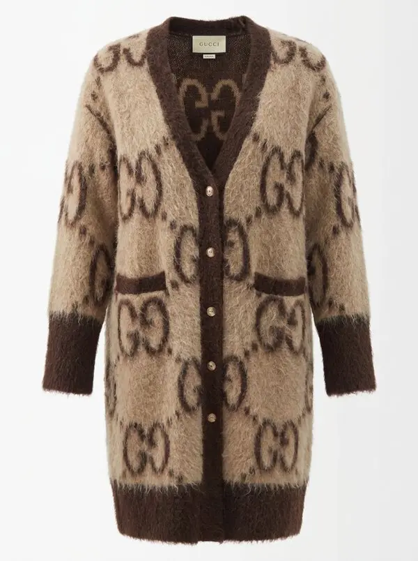 Gucci Gg Jacquard Brushed Oversized Cardigen-coat - Brown