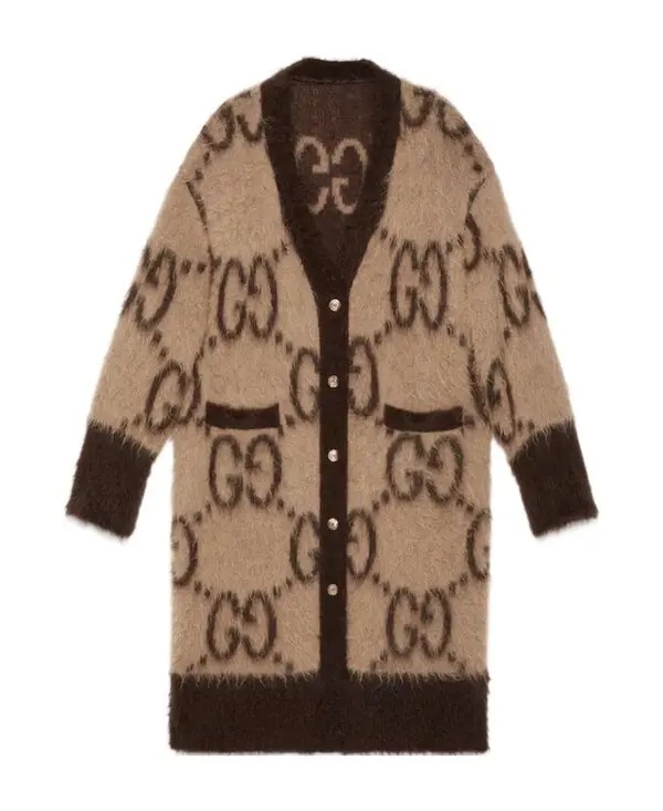 Gucci Gg Jacquard Brushed Cardigan Coat - Brown