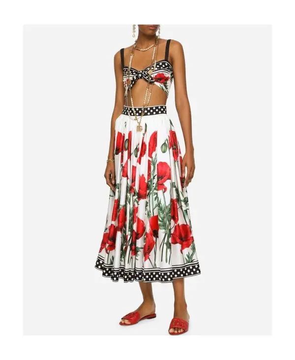 Dolce & Gabbana Poppy-print High-waisted Mid-length Skirt