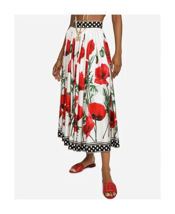 Dolce & Gabbana Poppy-print High-waisted Mid-length Skirt