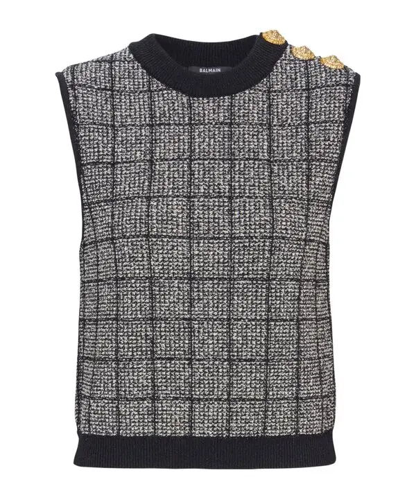 Balmain Sleeveless Tweed Crop Top With Lion Head Buttons