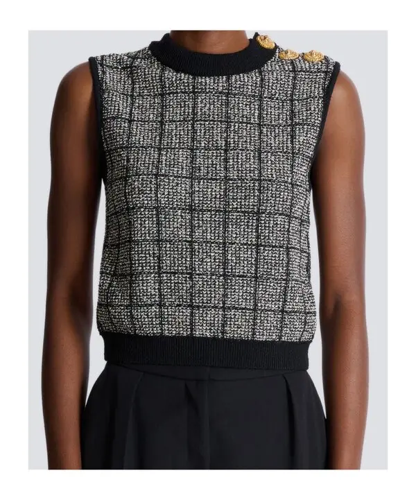 Balmain Sleeveless Tweed Crop Top With Lion Head Buttons