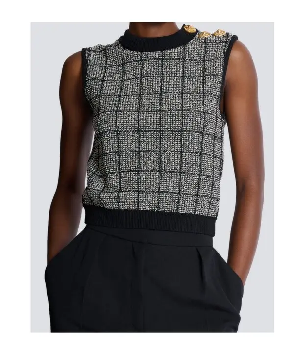 Balmain Sleeveless Tweed Crop Top With Lion Head Buttons