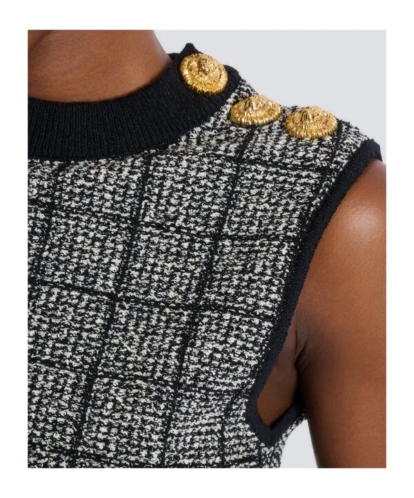 Balmain Sleeveless Tweed Crop Top With Lion Head Buttons