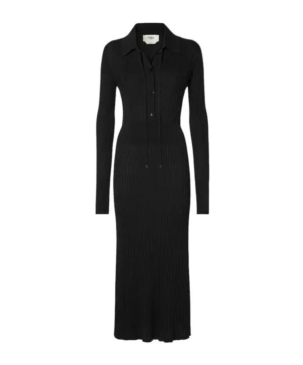 Fendi Ribbed-knit Long Sleeved Drawstring Midi Dress - Black