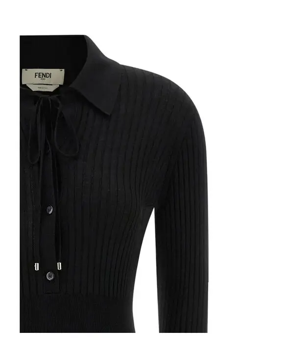 Fendi Ribbed-knit Long Sleeve Drawstring Midi Dress