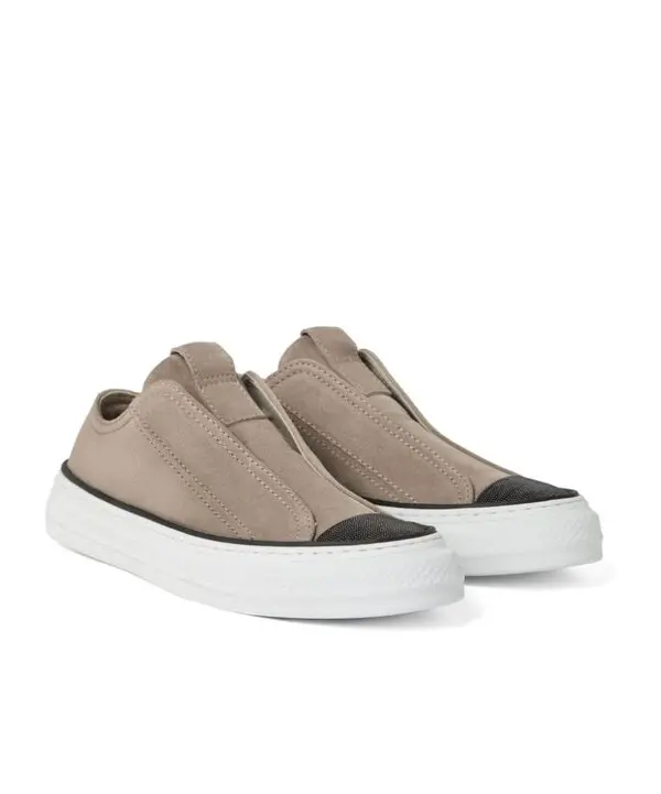 Brunello Cucinelli Slip-on Sneakers With Monili Chain Detail - Light Gray